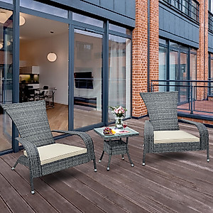 Tangkula 3-Piece Wicker Adirondack Set, Ergonomic Oversized Rattan Chairs w/Coffee Table, Comfy Seat Cushions, Tempered Glass Tabletop, Patio Wicker Conversation Set for Porch (Wicker, 3-pc)