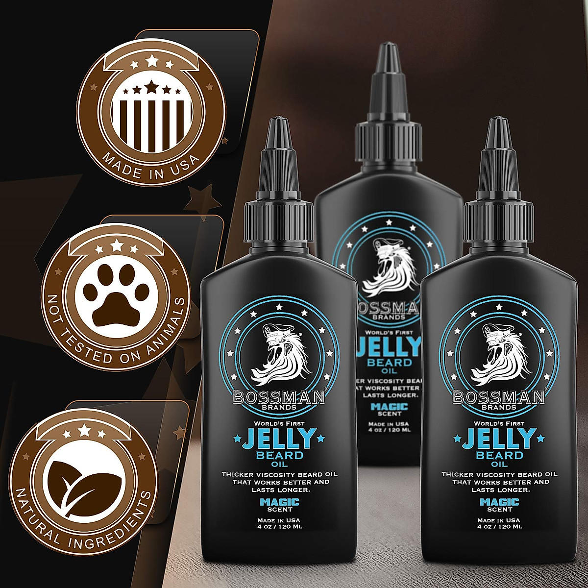 Bossman Jelly Beard Oil - Beard Growth Softener and Moisturizer Care - Larger 4oz, Bottle - 3 Pack Kit - Made in USA (Magic Scent)