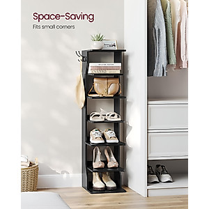 VASAGLE 7 Tier Vertical Shoe Rack, Narrow Shoe Storage Organizer with Hooks, Slim Wooden Corner Shoe Tower Rack, Robust and Durable, Space Saving for Entryway and Bedroom, Black ULBS200T16
