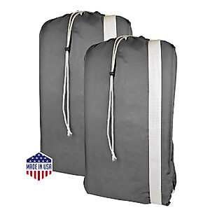 Nylon Laundry Bags, Size: 30" x 40" with Shoulder Strap, Heavy Duty, College, Laundry, Household, Storage. Machine Washable. Made in USA. (Grey, Pack of 2)