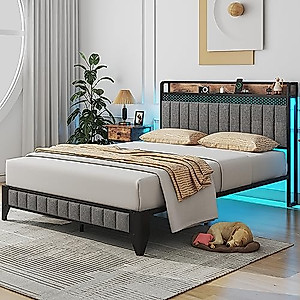 Saudism Full Size Bed Frame with Charging Station, Bed Frame with Led Lights, Full Platform Bed Frame with Soft Storage Headboard, Sturdy and Durable, No Box Spring Needed, Rustic Wood + Steel, Grey