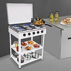 Commercial Free Standing Restaurant White Stainless Steel Gas Stove 5 Burner Gas Stove Tops Kitchen Cooking Stove Outdoor Gas Hob Vertical Split Cooktop With Shelf Adjust Fire Size for Cooking (White)