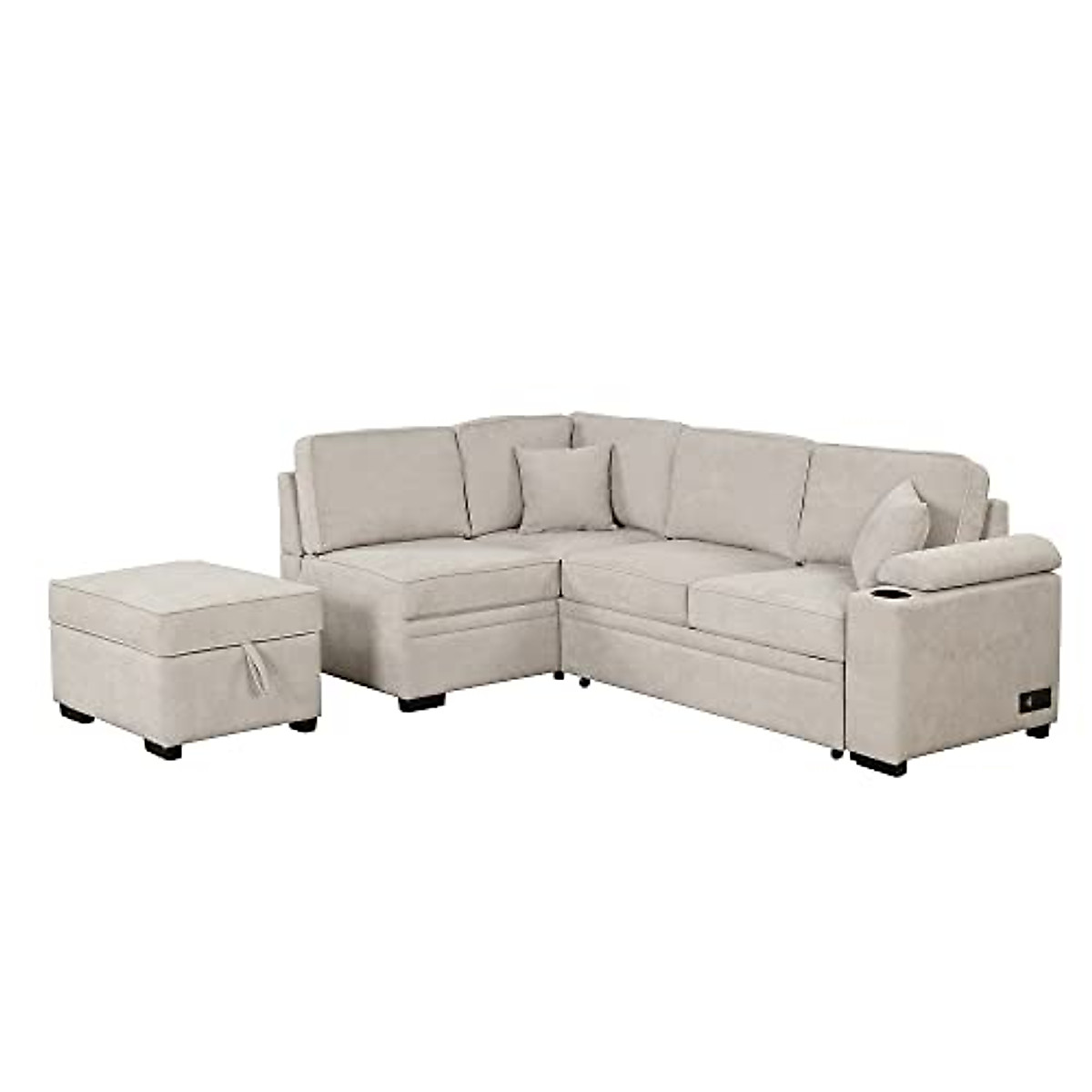 Merax L Shaped Sectional Sofa Couch Sleeper Bed with Storage Ottoman and Chaise for Living Room, Small Apartment Love Seats, Beige_Linen