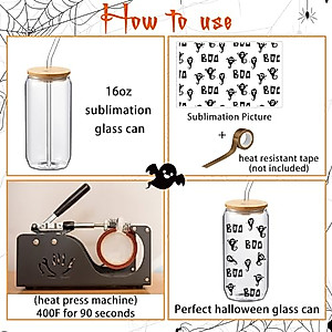Dandat 8 Pack Halloween Glass Cups 16 oz with 12 Pcs Sublimation Picture for DIY Blank pumpkins Iced Coffee Beer Can with Lids and Straws Tumbler Mason Jar Cups Mug Drinking Borosilicate Glass