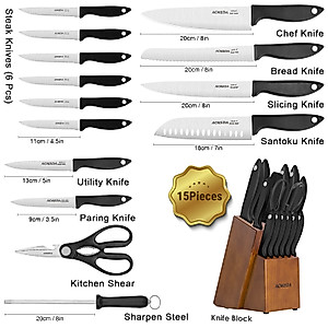 Kitchen Knife Set,Knife Sets for Kitchen with Block and Sharpener，15 Pcs High Carbon Stainless Steel Block Knife Set and 6 Steak Knives