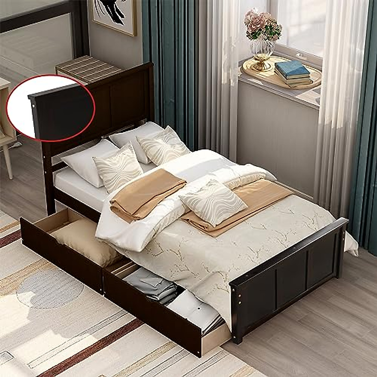 Platform Storage Bed with Two Drawers on Wheels, Solid Wood Single Bed with Support Slats, Single Bed Frame for Boys, Girls, Teenagers and Adults, No Springs Required (Espresso)