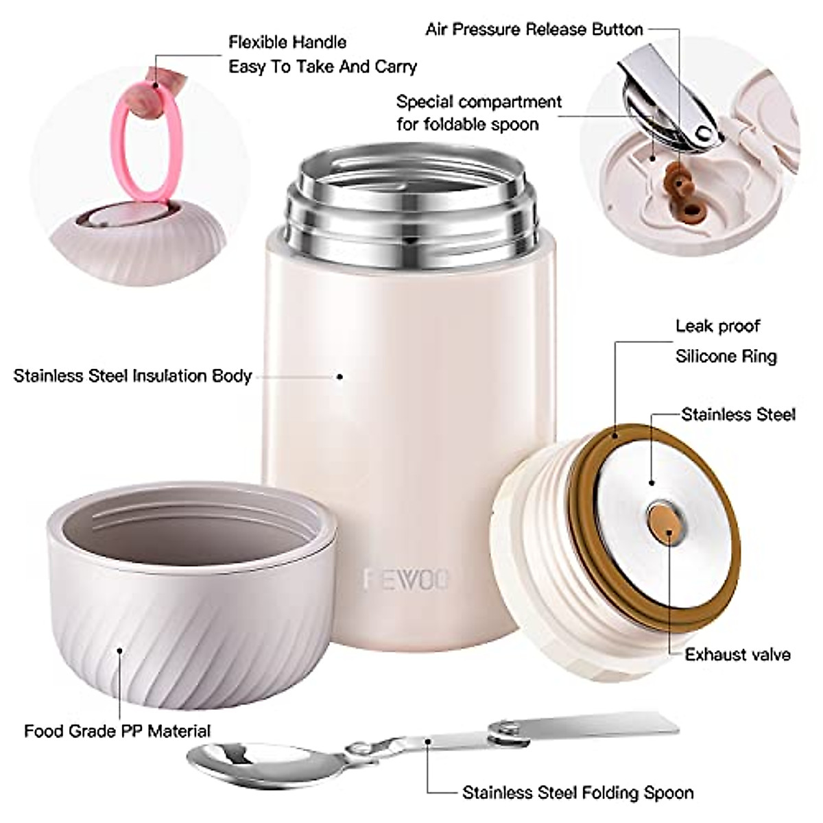 FEWOO Food Thermos, 27oz Vacuum Insulated Soup Flask, Stainless Steel Lunch Container for Hot Food, Leak Proof Food Jar with Folding Spoon for School Office Travel