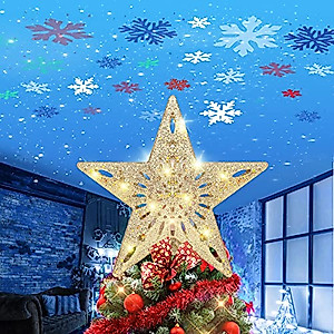 VSATEN Christmas Tree Topper Lighted Star Tree Topper with LED Rotating Colorful Snowflake Projector Lights, Glitter Hollow Golden Star Snow Tree Topper for Xmas/Christmas Tree Festival Decorations