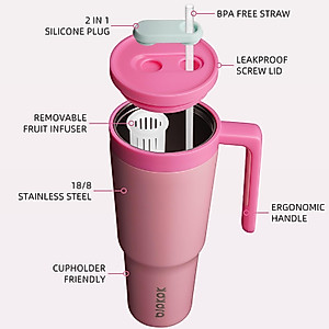BJPKPK Insulated Tumblers With Handle And Straw 40oz Stainless Steel Travel Coffee Mug Tumbler Cups With Lid And Fruit Infuser,Light Pink