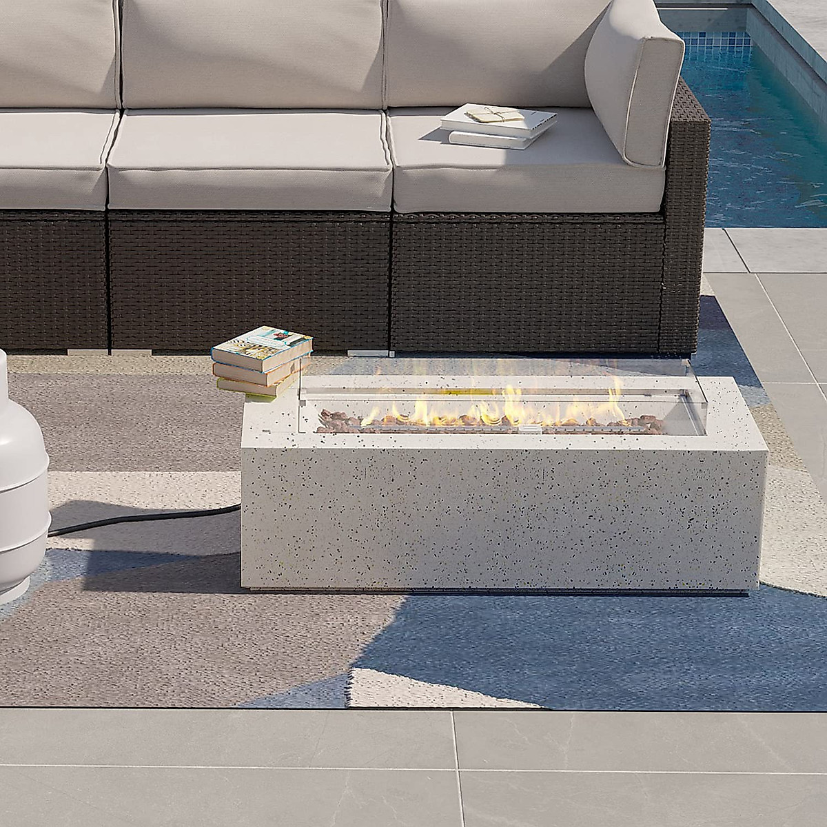 SUNBURY Outdoor 42 Inch Propane Fire Pit Table, Rectangular Fire Table w Glass Wind Guard, 40,000 BTU Spotted White Patio Gas Fire Table Waterproof Cover, Lava Rocks
