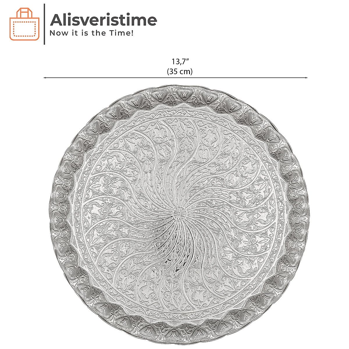 Alisveristime Turkish Ottoman Coffee Tea Serving Tray – 11.8 Inches, Wavy Zamac Tray with Traditional Motifs, Available in Five Color Variations (Silver)