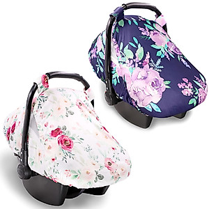 Summer Cozy Sun & Warm Cover, 2PACK Baby Carseat Cover Boys Girls, Privacy Carseat Canopy Protect Newborn, Purple Flower Set