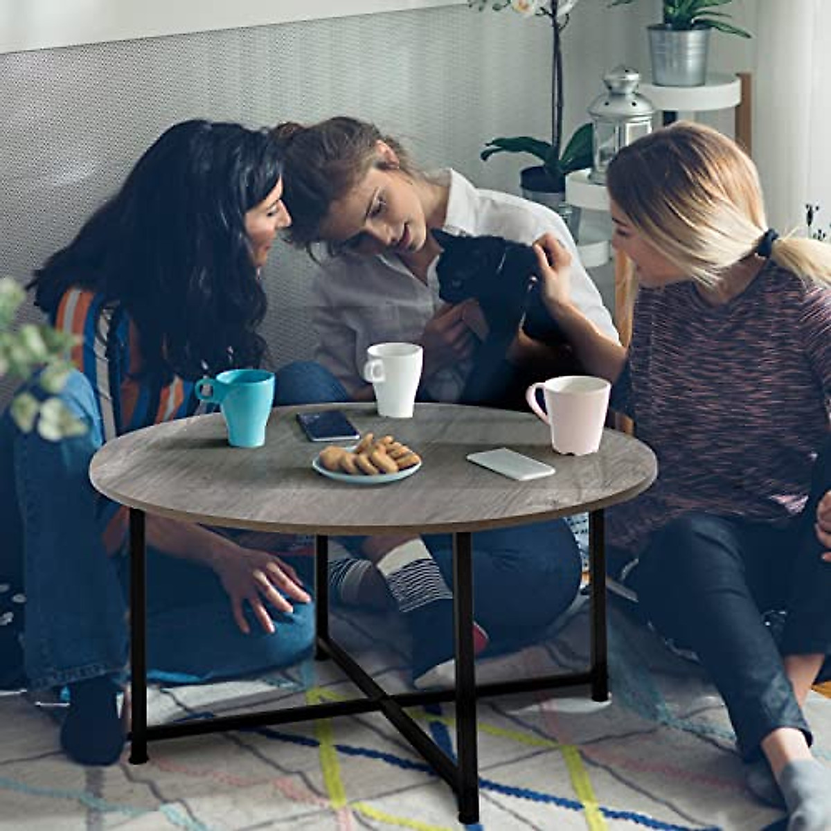 Round Coffee Table for Small Space Living Room, Modern Sofa Table End Table Tea Table for Balconym, Office Desk, Outdoor, Wood Desktop with Metal Legs, Easy to Install, 23.6 inches (Rustic Brown)