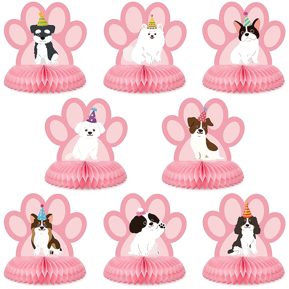Ferraycle 8 Pcs Dog Themed Party Table Decorations Pink Dog 3D Honeycomb Centerpieces Dog Birthday Party Supplies Dog Centerpieces Decorations for Puppy Paw Print Birthday Supplies Baby Shower