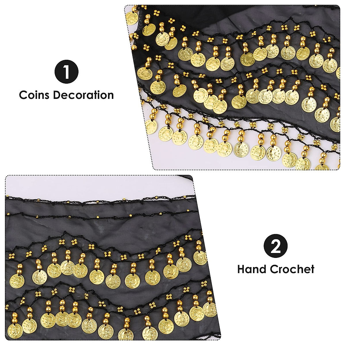 Belly Dance Hip Scarf Belly Dance Skirt Wrap with Bling Gold Sequins Coins Tassel Rave Skirt Belly Dancer Costumes for Women Girl Zumba Latin Yoga Class