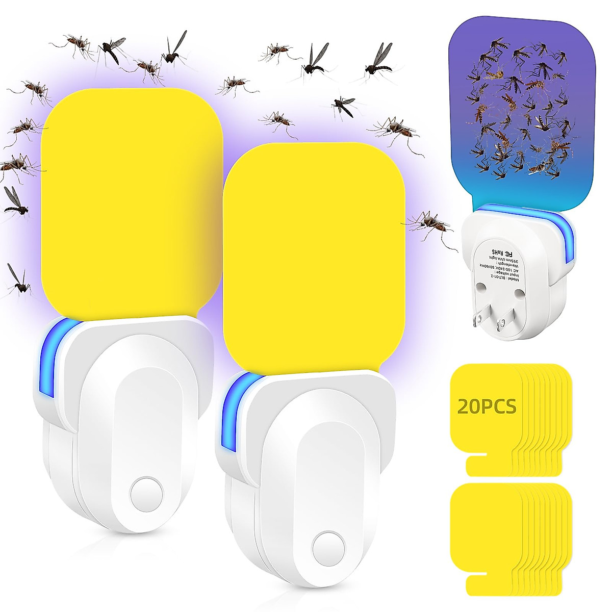 2 Pack Upgraded Fly Traps Indoor for Home with 20 Glue Cards,Gnat Traps for House Indoor Plug In Bug Catcher Flying Insect Trap with UV Light for Fruit Flies,Gnat,Moth,Mosquito,400 Sq Ft of Protection