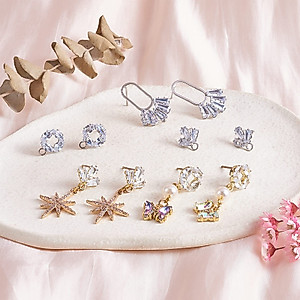 BEEFLYING 12Pcs Gold Plated leaf Cubic Zirconia Earring Studs Platinum U-shape Tassel Rhinestone Brass Earring Posts with Metal Loop for Women DIY Dangle Earrings Making