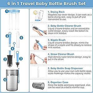 welltop Travel Bottle Cleaner Kit, Portable Baby Bottle Brush Set with Silicone Bottle Cleaning Brush, Built-in Bottle Drying Rack, Nipple Brush, Straw Brush, Bottle Soap Dispenser for Travel Home