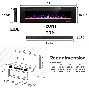 R.W.FLAME 68 inch Recessed and Wall Mounted Electric Fireplace, Ultra Thin and Low Noise,Fit for 2 x 6 Stud, Remote Control with Timer,Touch Screen,Adjustable Flame Color and Speed