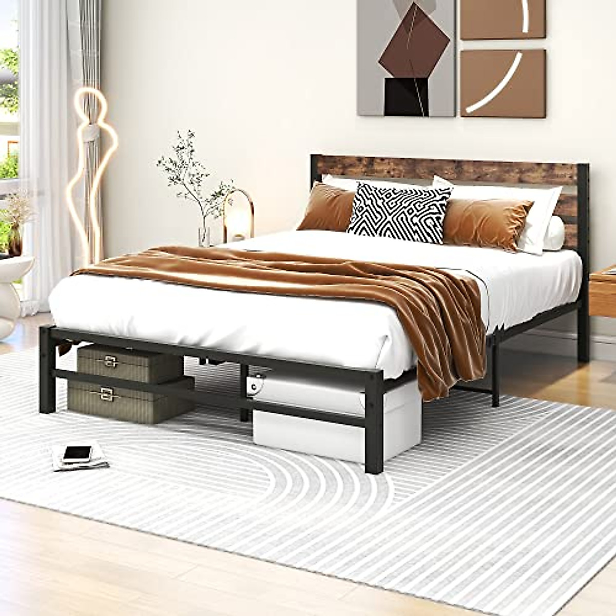 HAHRIR Platform Queen Bed Frame with Rustic Vintage Wood Headboard and Footboard, Mattress Foundation, Strong Metal Slats Support, Noise-Free，No Box Spring Needed，Brown+Black