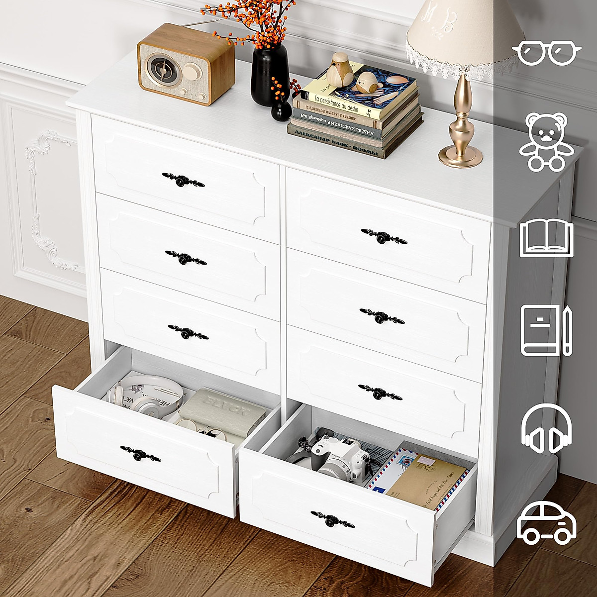 FINETONES White Dresser Chest of Drawers, 47.2“ Wood Dresser 8 Drawer with Steel Handles, Modern Dresser Drawers Floor Storage Cabinet for Living Room Hallway Office