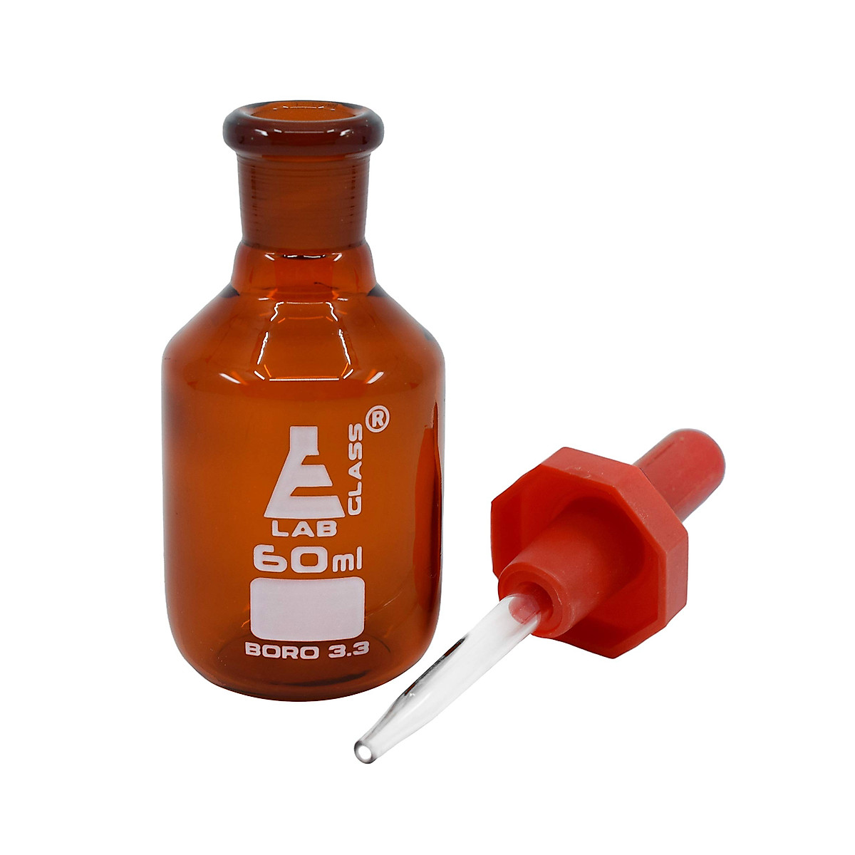 EISCO Dropping Bottle, 60ml (2oz) - Amber Borosilicate 3.3 Glass - Eye Dropper Pipette and Dust Proof Rubber Bulb - Octagonal, Non-screw Top Labs