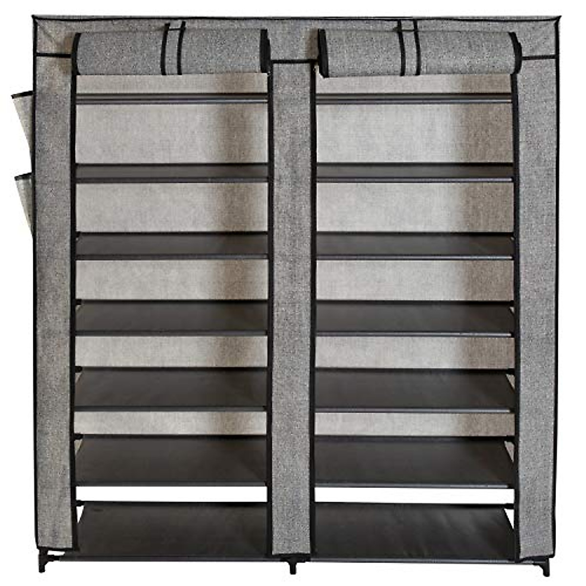 Simplify 7 Tier Double Wide 14 Shelf Shoe Storage Closet Organizer Rack with Cover and Side Pockets, Freestanding, Holds 42 Pairs, Good for Sneakers, Flats, Heels & Boots, Black