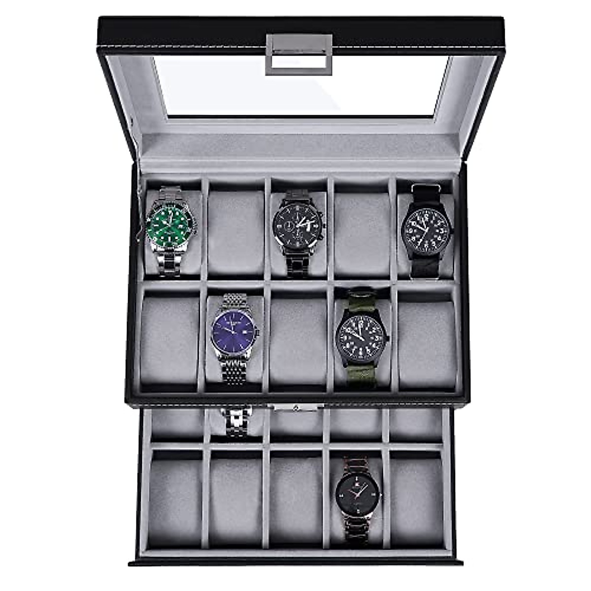 BEWISHOME Watch Box Organizer 20 Men Display Storage Case Metal Hinge Black PU Leather Glass Top Large Holder SSH04B