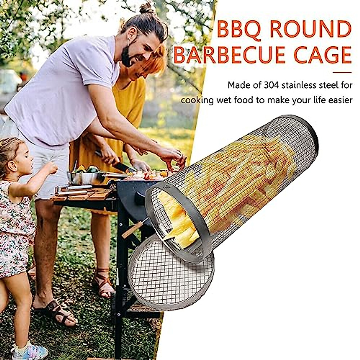 OQOPO BBQ Net Tube, Rolling BBQ Grilling Basket, Outdoor Picnics BBQ Grill Stainless Steel Mesh Versatile Cylinder Grill Cooking Accessories for Vegetables,Fries,Meat,Fish BBQ Net Tube (2Pcs)