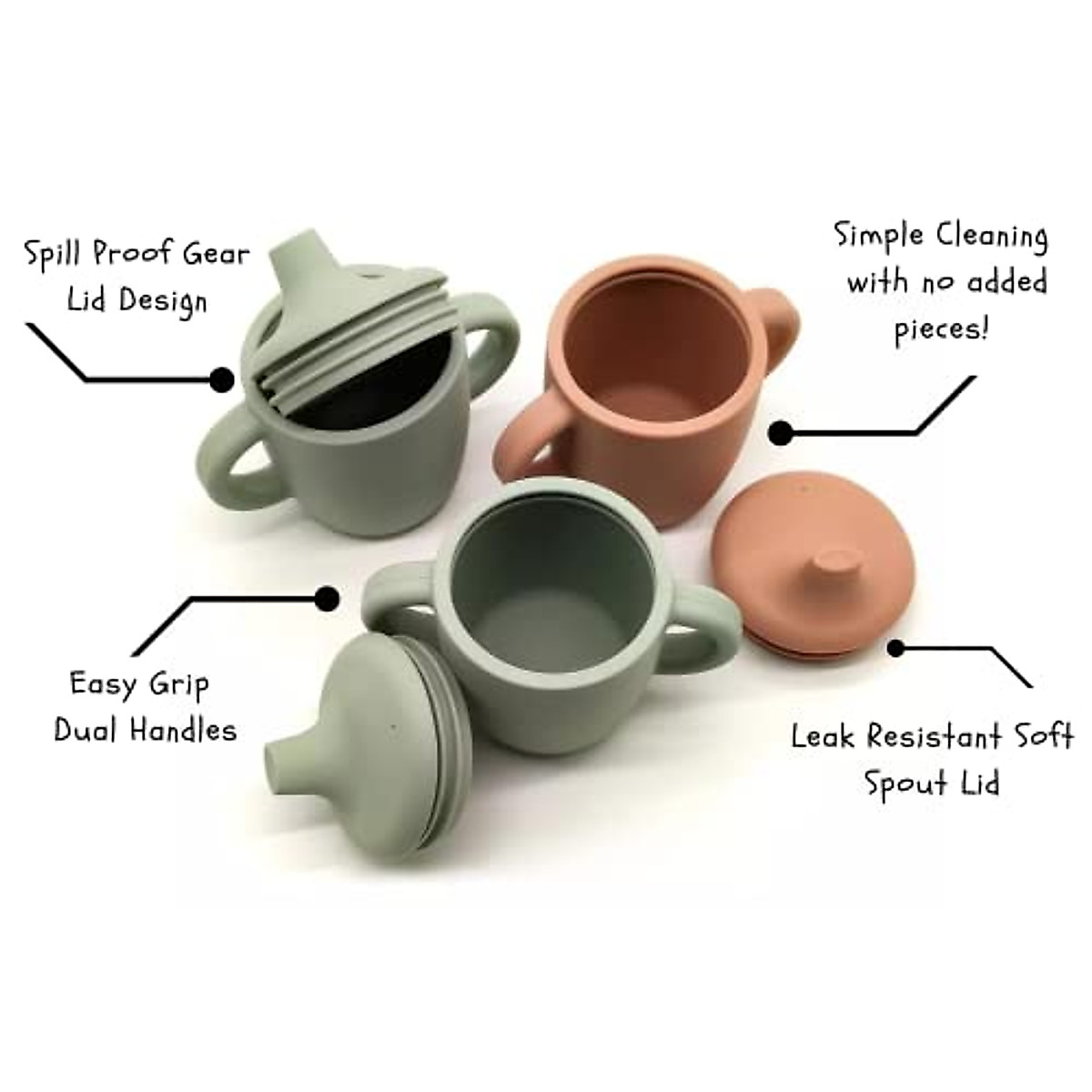 KIDSco. Silicone Sippy Cup and Training Cup for Baby 6 months+ Soft Spout and Handles Unbreakable Easy Grip for Babies 6-12 months and Toddlers 1-3 years 5oz/150ml (Sandy Shore and Green)