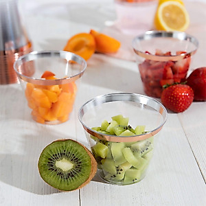 PLASTICPRO 9 oz Disposable Plastic Party Cups,Old fashioned Designed Tumblers, Crystal Clear (Clear With Rose Gold Rim, 100)