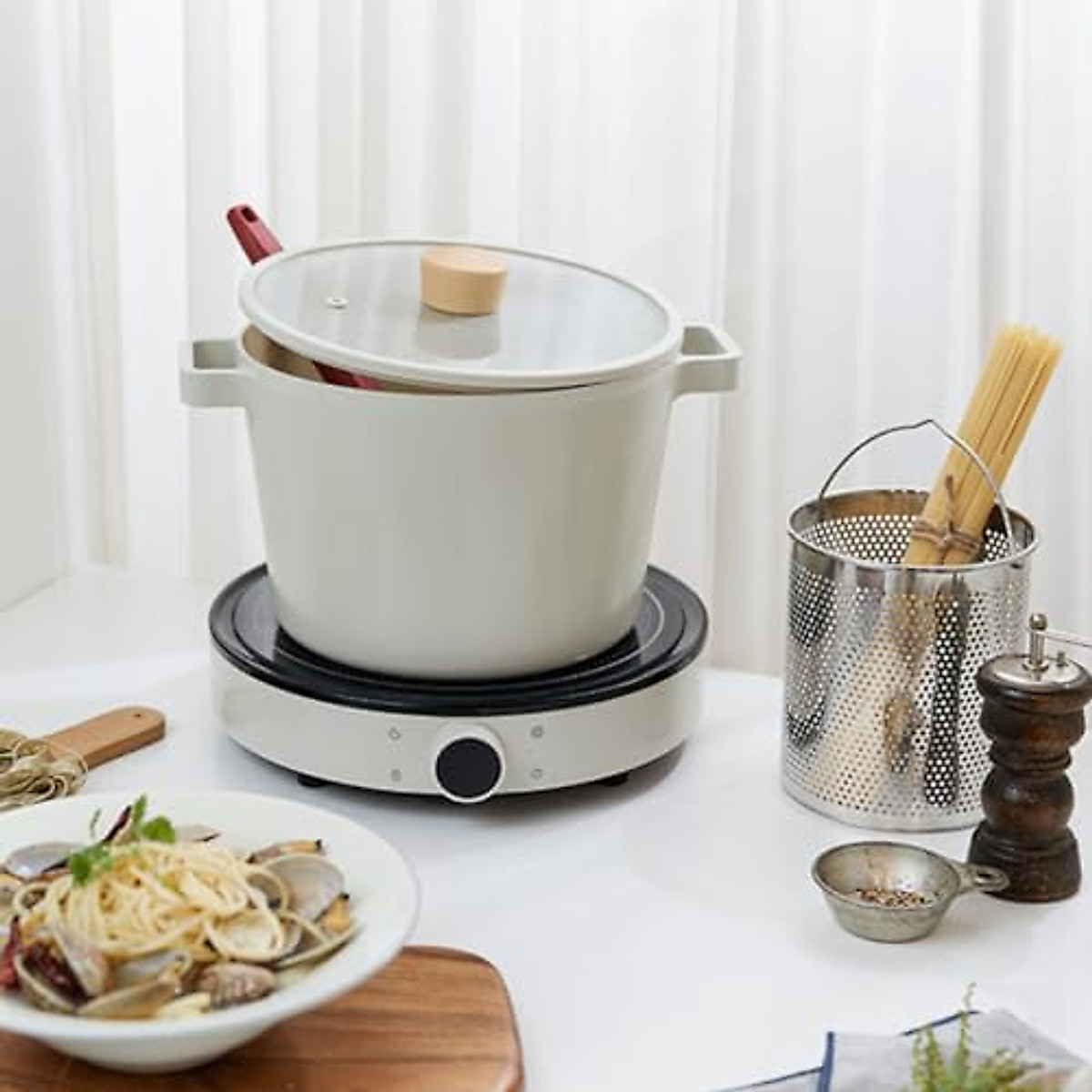 Fika NEOFLAM FIKA Deep Stock Pot for Stovetops and Induction | Glass Lid with Wood Knob | Made in Korea (8.7in / 4.9qt)