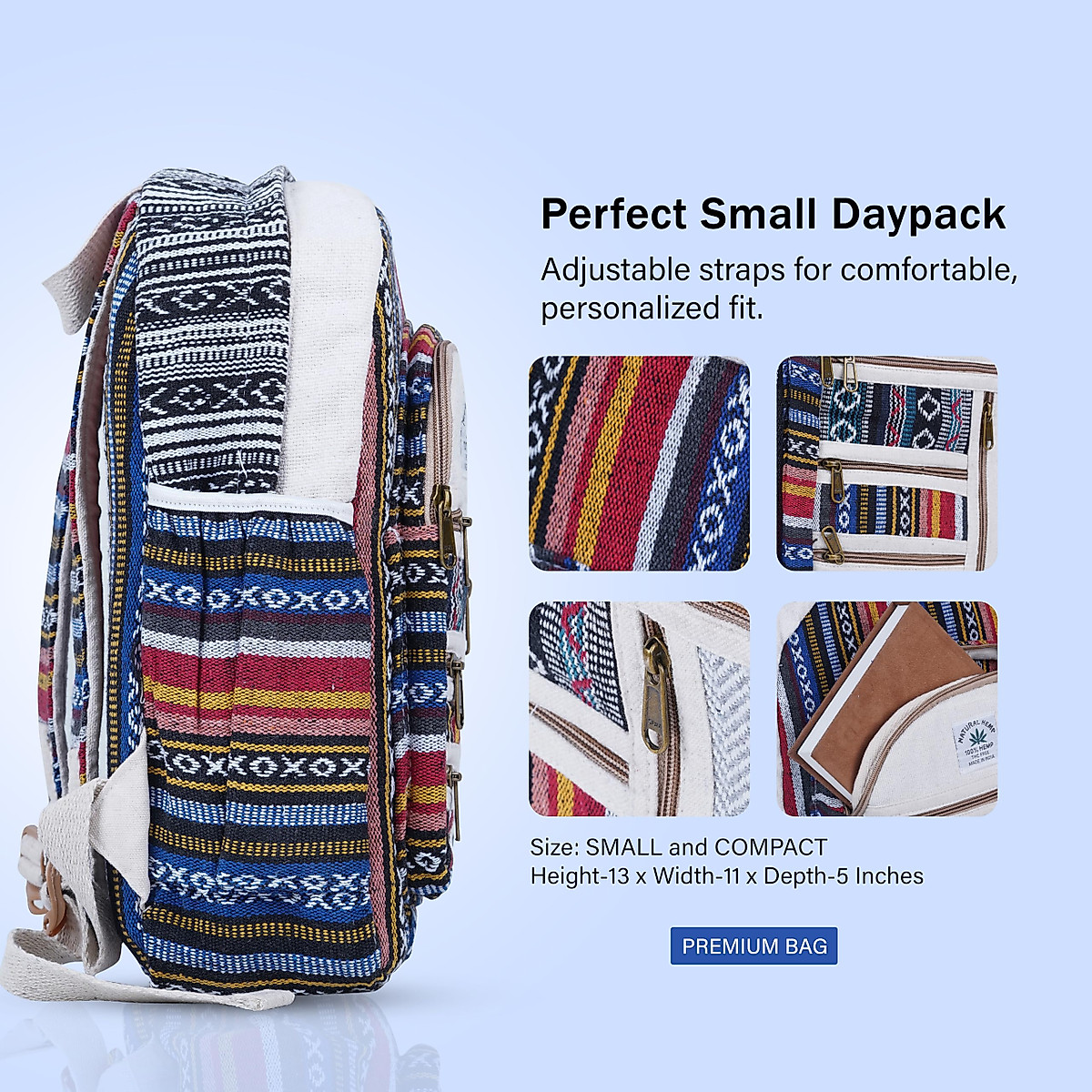 Small cotton stripe hemp backpack, Hemp backpack, traveling backpack, nepali backpack, himalayan backpack, small 13" bag (BG-001-SM)
