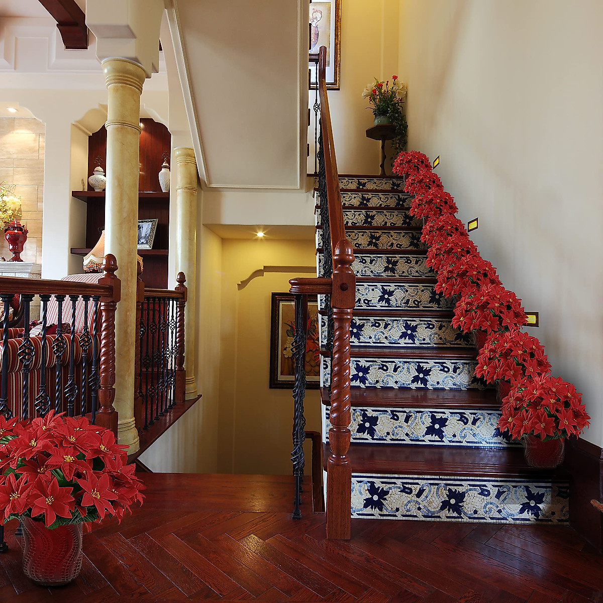 Sggvecsy Artificial Poinsettia Bouquet 7 Heads 5 Pack 15’’ Velvet Poinsettia Bush Christmas Flowers for Porch Home Garden Indoor Outdoor Xmas Decorations (Red)