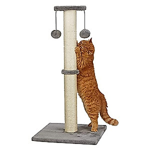 PEEKAB 32“Tall Cat Scratching Post Sisal Rope Scratch Posts with Soft Plush Platform Top and Interactive Ball Toys Vertical Scratcher for Indoor Cats Kitten (Gray)