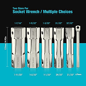 DURATECH Shower Valve Socket Wrench Set with Bar Handle for Removing Tub & Shower Valve，5-Piece, includes 21/32”x 27/32”, 29/32”x 31/32”, 1-1/32” x1-3/32”, 1-5/32”x1-9/32”, 1-11/32”x 1-7/16”