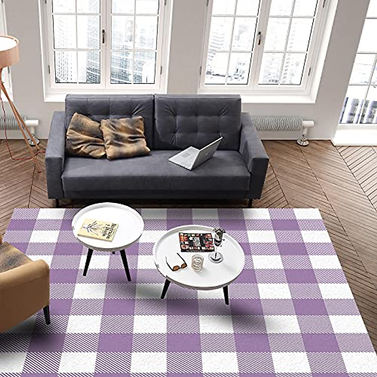 ARTSHOWING Lavender Purple Plaid Large Area Rug 2' x 3', Durable Indoor Outdoor Rugs with Non-Slip Backing for Bedroom Living Room Nursery Kids Home Decor, Fresh Pattern