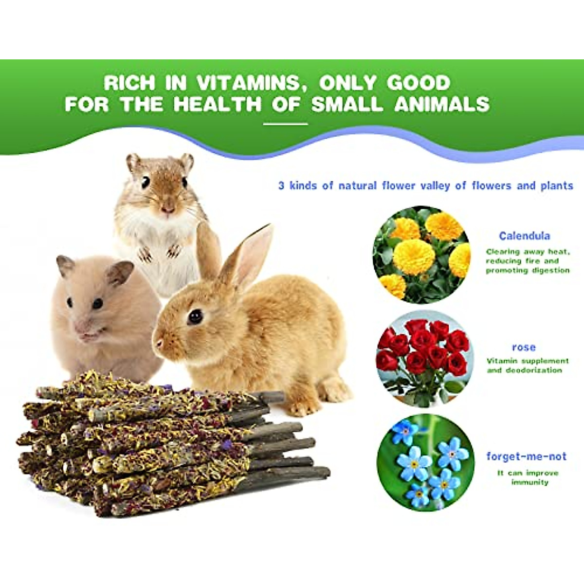 Abizoo Bunny Chew Toys for Rabbits,18PCS Natural Apple Wood Sticks with Petals Good for Chinchillas Guinea Pig Hamster Teeth Care, Bunny Small Pet Treats Teething Toys| Natural Organic Safe