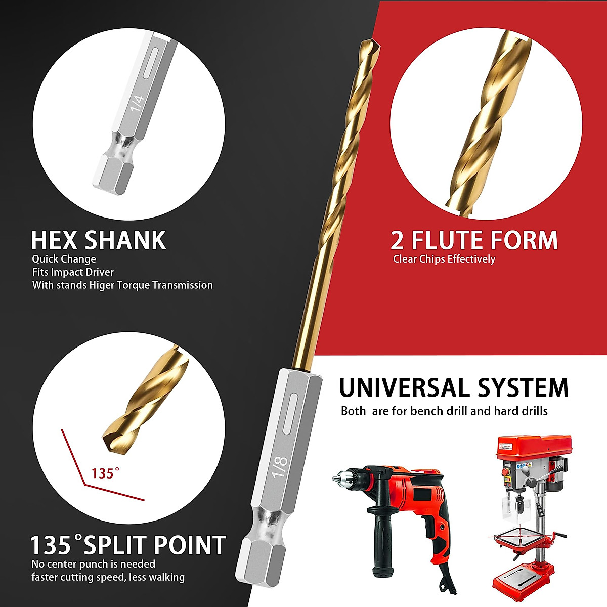 AIMLENTOOL 13PC 1/8" Titanium Coated Twist Hex Shank Drill Bit Set, 135 Degree Tip HSS Drill Bit Sets, Impact Driver Drill Bits for Wood, Steel, Metal, Plastic with Quick Change Design