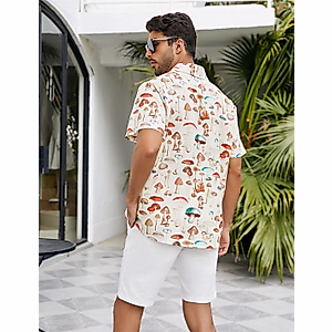PAODIKUAI Mushroom Shirts for Men Hawaiian Short Sleeve Button Down Cute Mushroom Printed Shirt (Mushroom Yellow, Large)