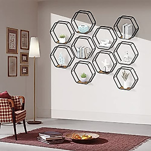 Hexagon Floating Shelves Metal Hexagonal Shelves Wall Mount Honeycomb Storage Shelves Set of 10 Modern Floating Black Display Rack for Wall Decor Geometric Hanging Shelf in Farmhouse Bed/Living Room