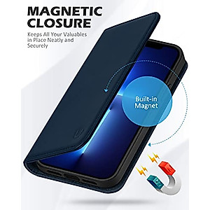 SHIELDON Case for iPhone 13 6.1", Genuine Leather iPhone 13 Wallet Folio Case with Kickstand RFID Blocking Card Holder Magnetic Full Protection Shockproof Case Compatible with iPhone 13 5G - Navy Blue