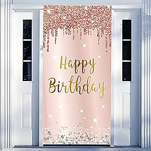 Pink Rose Gold Happy Birthday Door Banner Decorations for Women, Happy Birthday Door Cover & Porch Party Supplies, Large 16th 21st 30th 40th 50th Birthday Backdrop Decor
