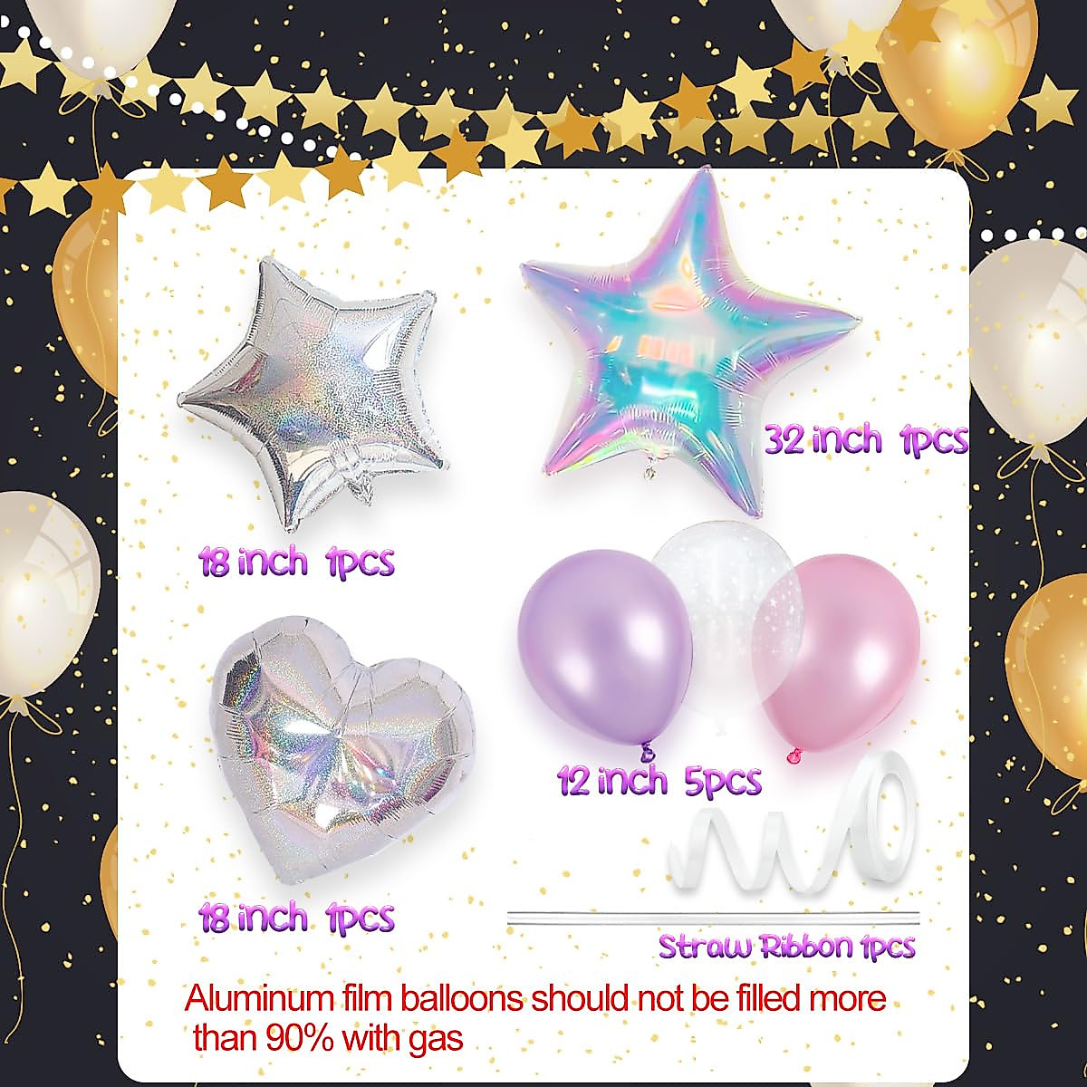 18Pcs Pearl Lilac Pink Purple Balloons Kit 32'' Clear Iridescent Star Foil Balloon Laser Star Heart Shape Balloons For Birthday Party Baby Shower Anniversary Celebration Party Decoration Supplies