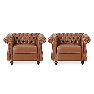 Christopher Knight Home Editha Traditional Chesterfield Club Chairs (Set of 2), Cognac Brown, Dark Brown