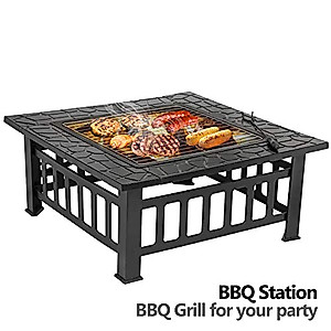 32 Inch Outdoor Fire Pit Square Metal Firepit Table Wood Burning Fireplace with Waterproof Cover Mesh Lid Backyard Patio Garden Bonfire BBQ Grill, Black