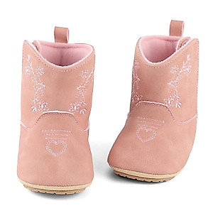 ESTAMICO Baby Girls Boots Embroidery Western Cowgirl Booties Non Slip Warm First Walking Shoes, Pink 6-12 Months