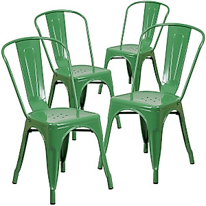 EMMA + OLIVER 4 Pack Green Metal Indoor-Outdoor Stackable Chair - Restaurant Chair - Bistro Chair
