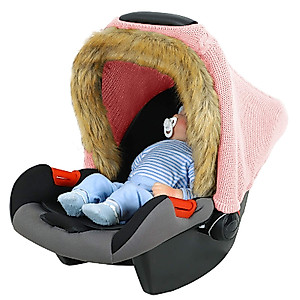 Yinuoday Baby Car Seat Cover with Faux Fur Hem Winter Knitted Stretchy Infant Stroller Cover Carseat Canopy for Boy Girl Indoor Outdoor