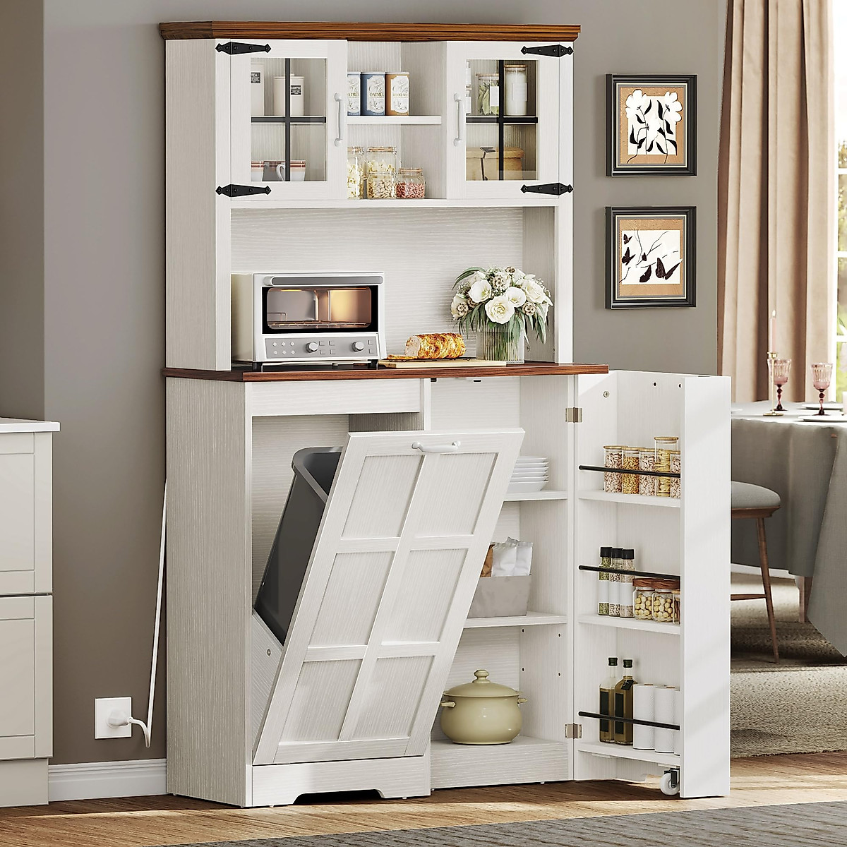 DWVO Kitchen Pantry Cabinet, Trash Can Cabinet Fits 13 Gallon Tilit Out Can,Kitchen Storage Cabinet with Drawers and Door, Freestanding Cupboard White Oak